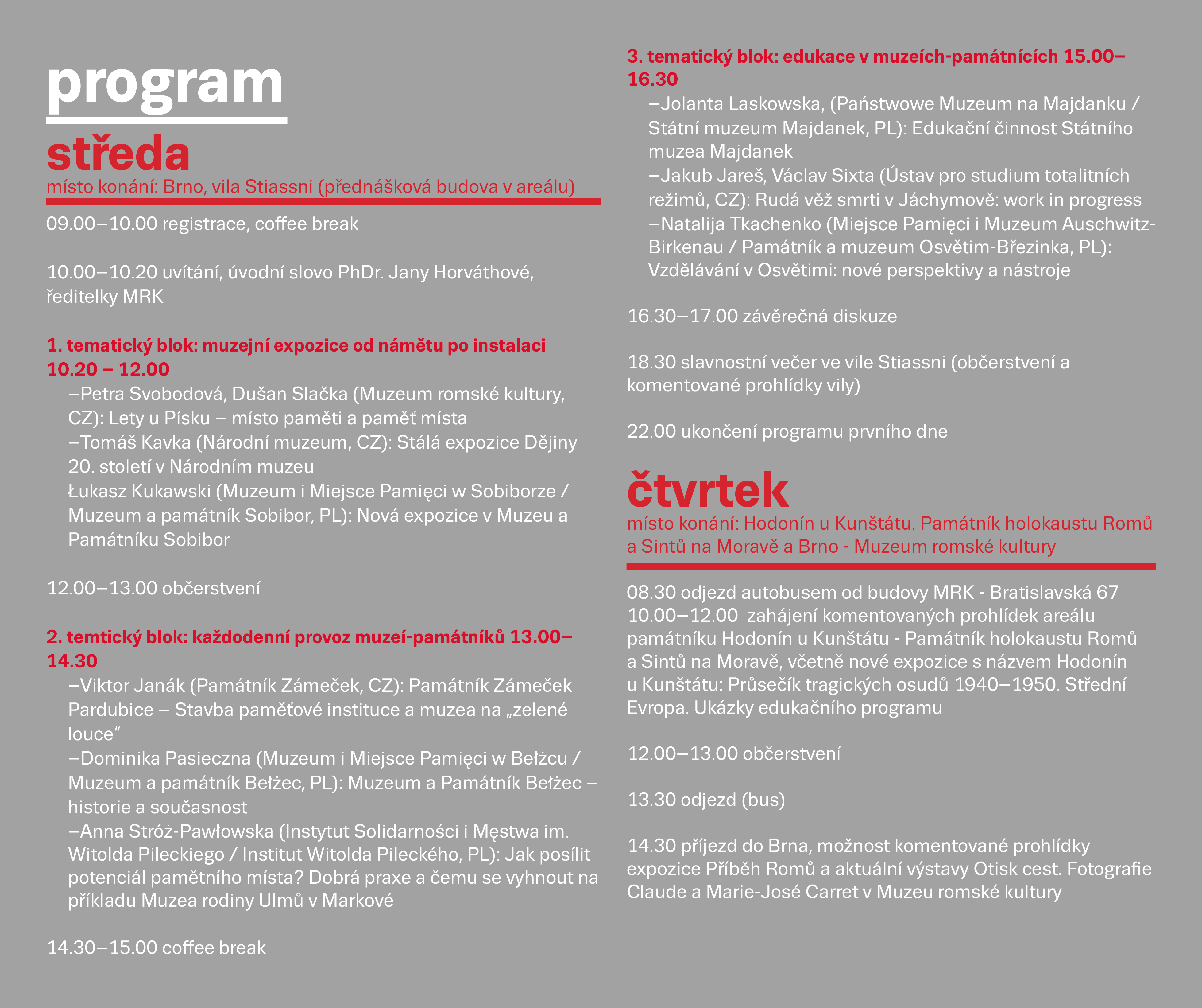 Program konference Místa paměti: Expozice a edukace muzeí-památníků